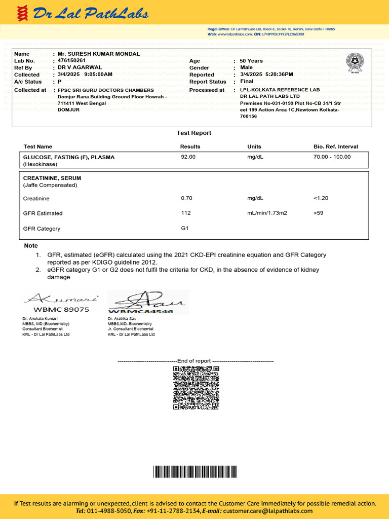 eGFR Test Report for Mr. Suresh Kumar | PDF | Kidney | Medicine