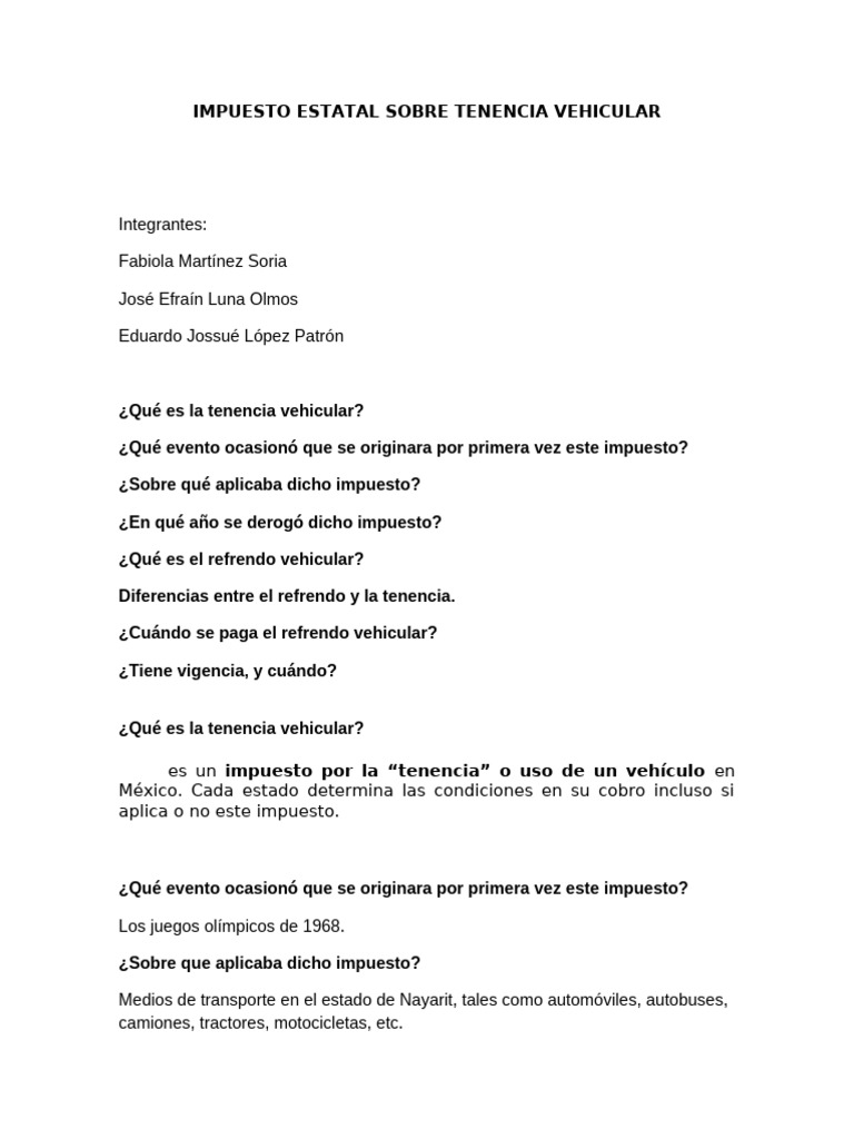 Cuestionario de Refrendo y Tenencia Vehicular | PDF