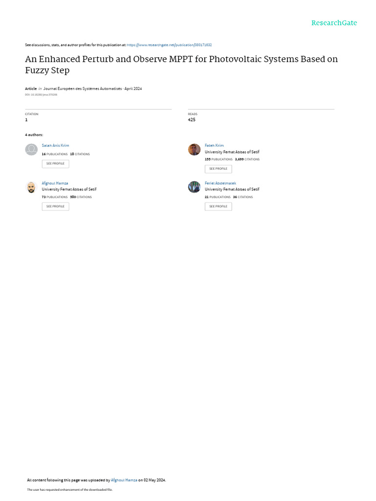 An Enhanced Perturb and Observe MPPT For Photovoltaic Systems Based On Fuzzy Step | PDF ...