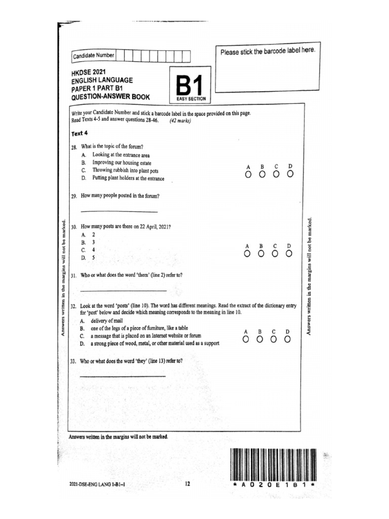 2021 Eng p1 Part b1 Qab | PDF