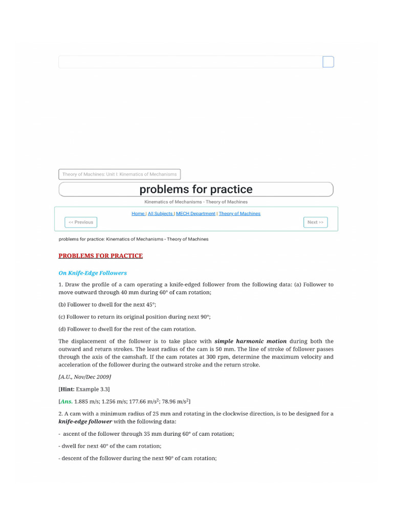 Problems For Practice - Kinematics of Mechanisms - Theory of Machines | PDF