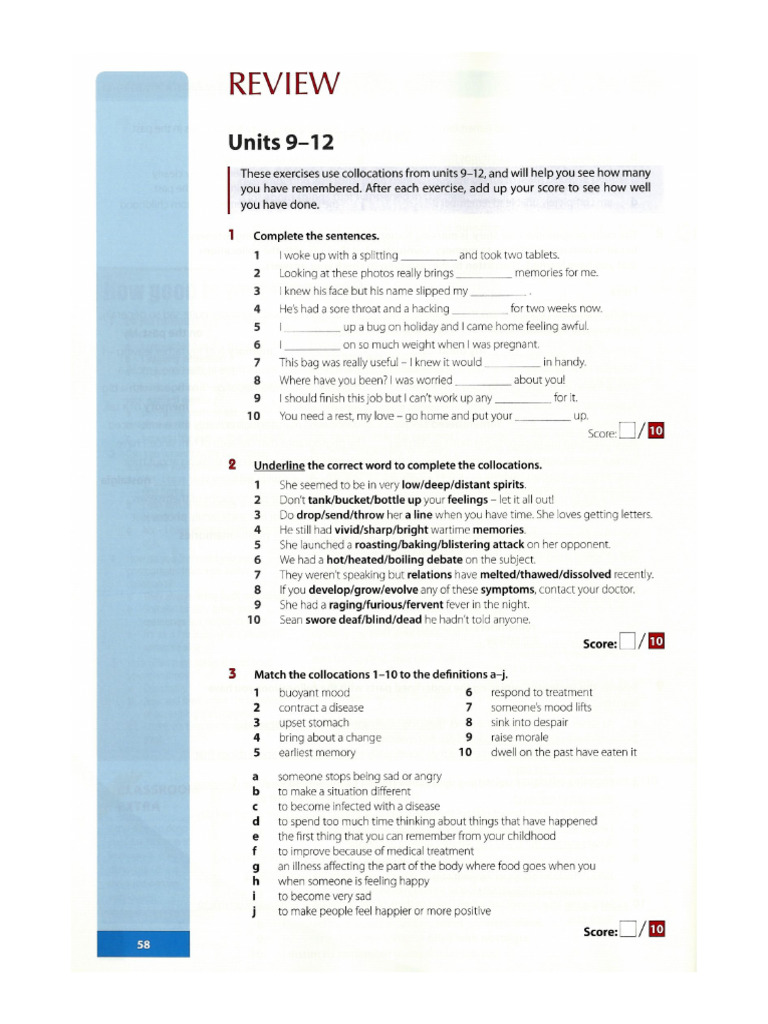 Collocations Review Unit 9-12 | PDF
