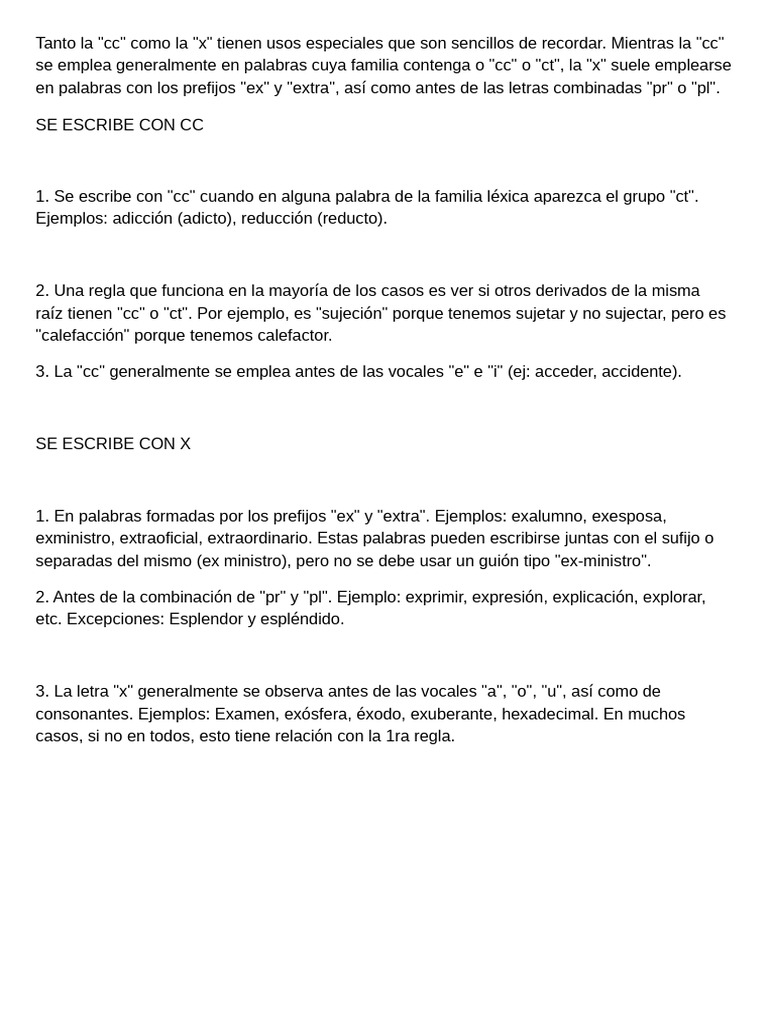Uso de "cc" y "x" en palabras | PDF