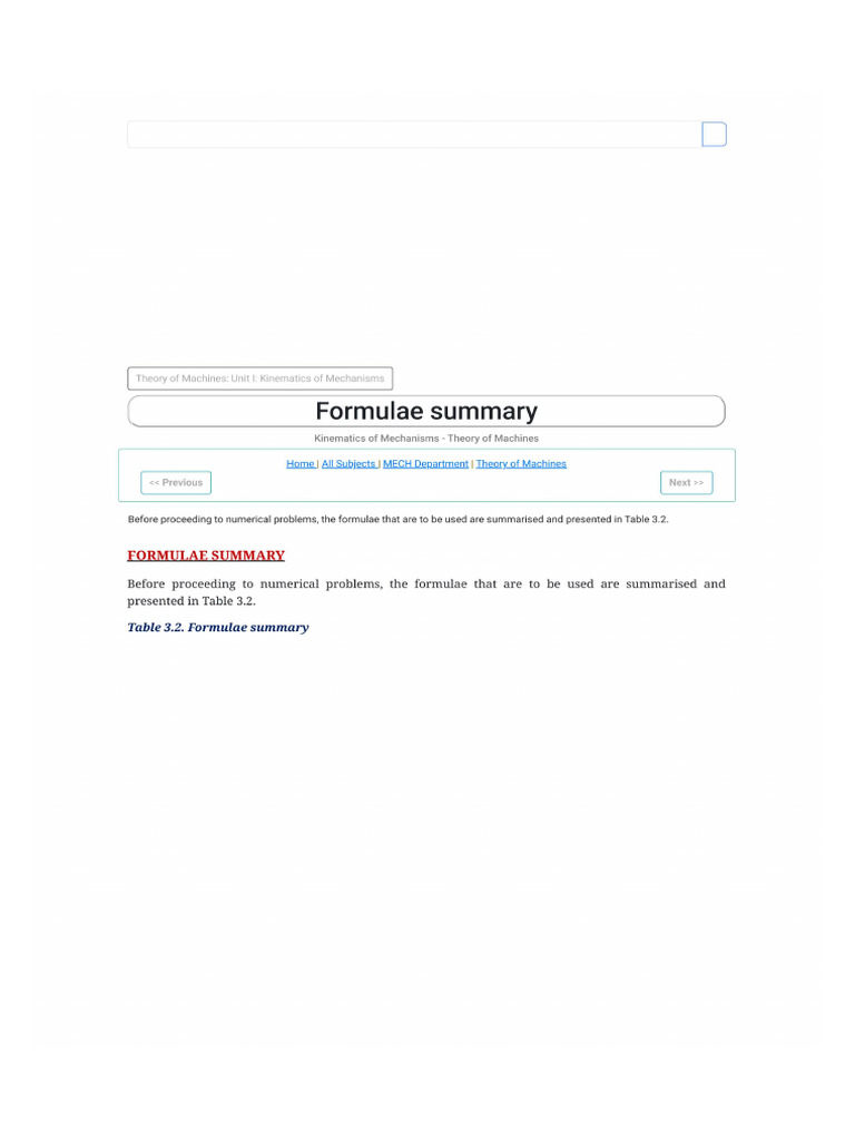 Formulae Summary - Kinematics of Mechanisms - Theory of Machines | PDF