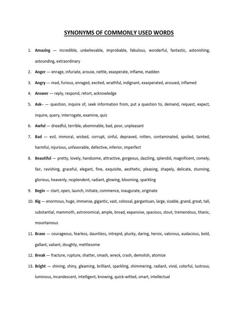 Synonyms of Commonly Used Words | PDF | Emotions | Psychology