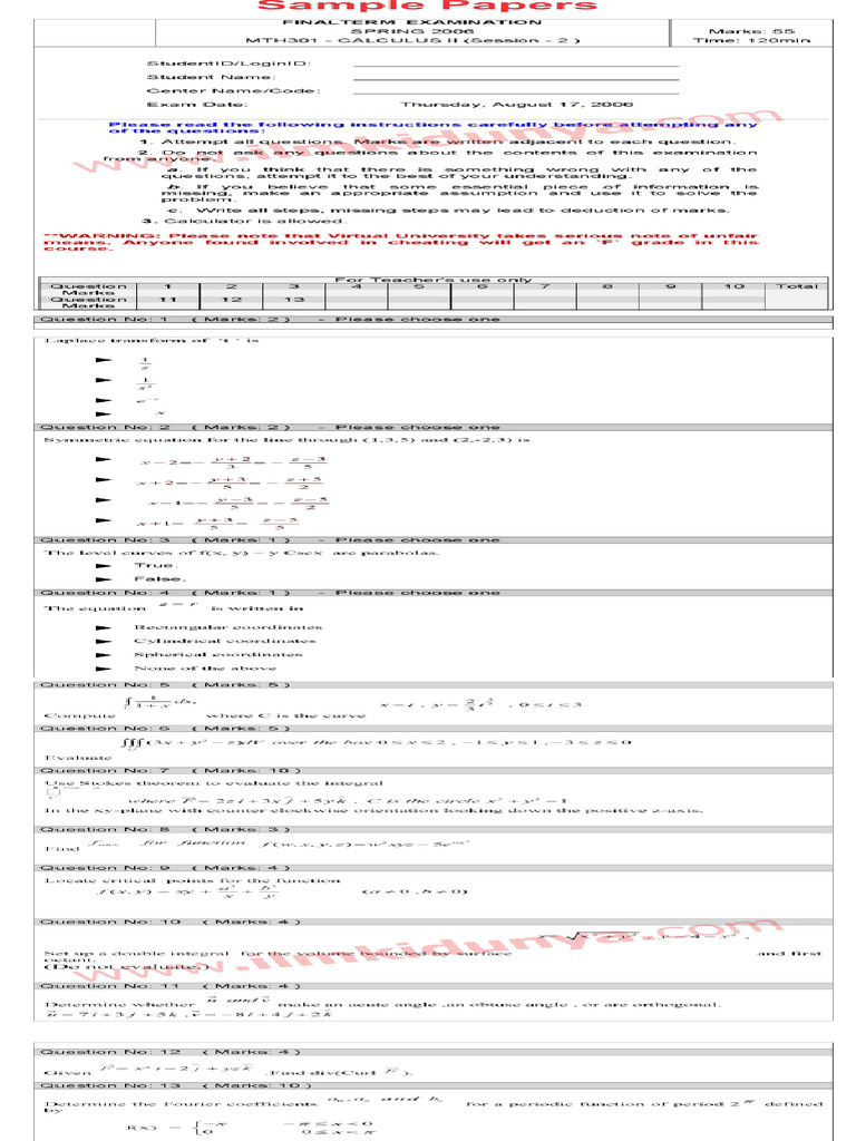 MTH301 Calculus II BSC Computer Science VU University Past Papers 2006 ...