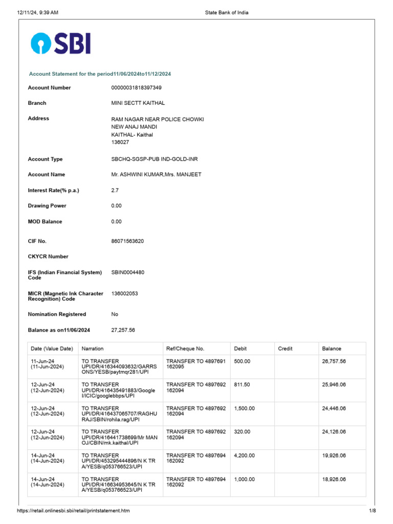 SBI Account Statement Summary | PDF | Personal Finance | Banking Technology