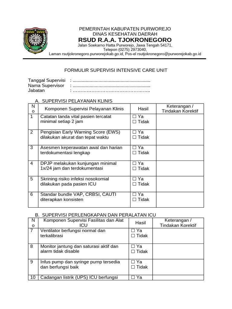 Formulir Supervisi Icu | PDF