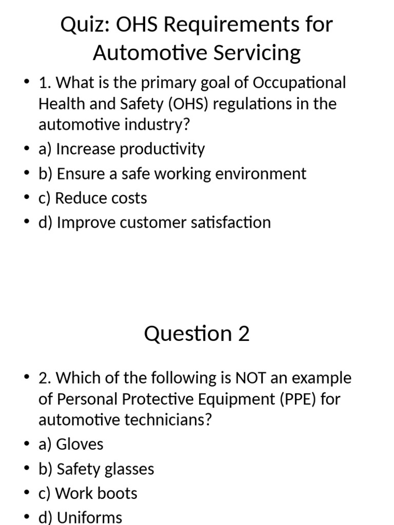 OHS Quiz Automotive Servicing | PDF | Occupational Safety And Health ...