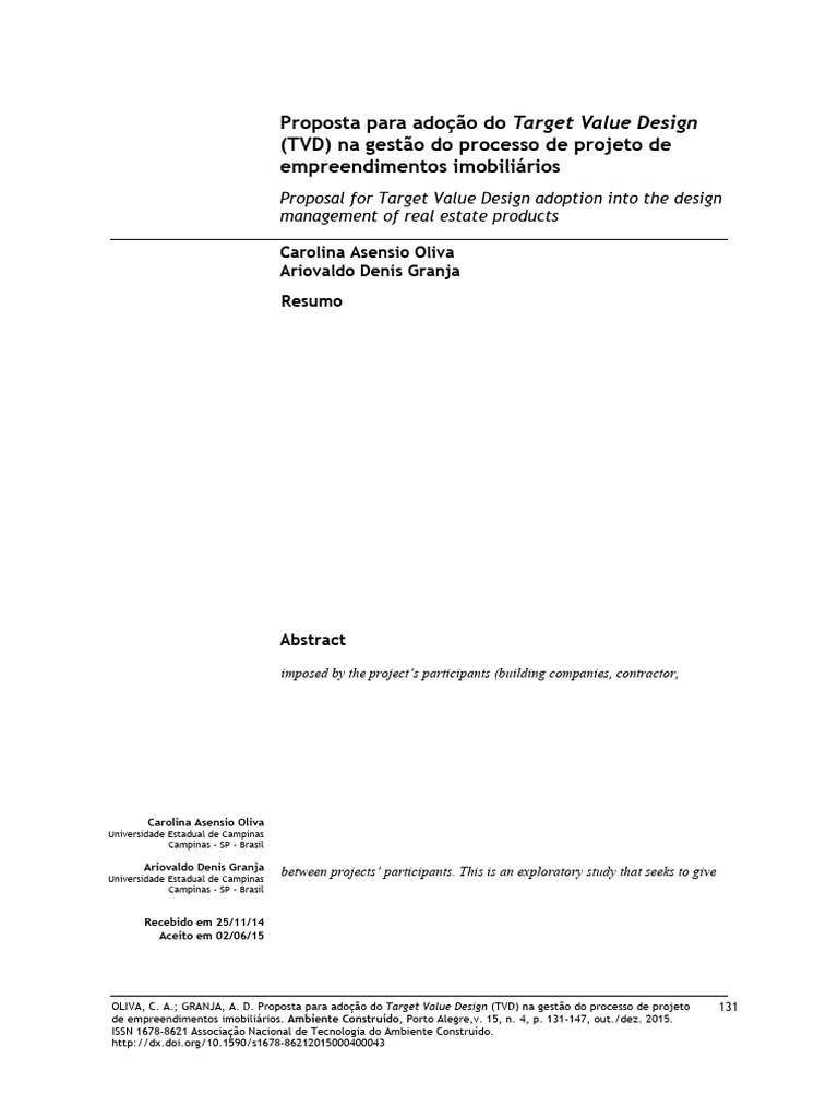 Adoção do Target Value Design em Projetos Imobiliários | PDF | Custo ...