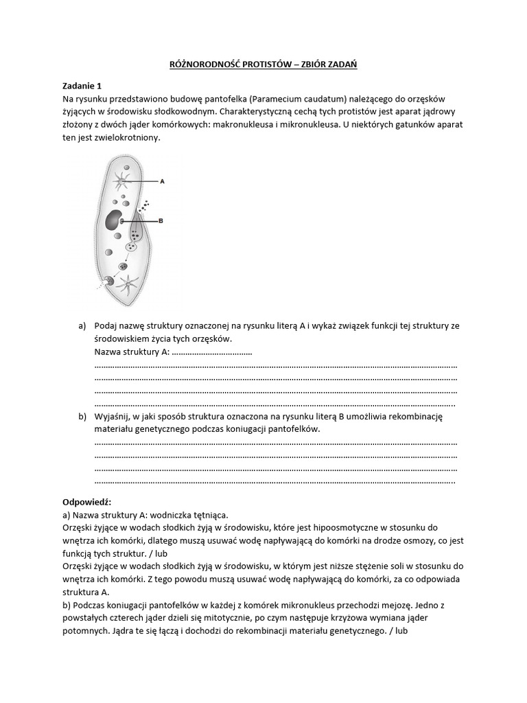 Protisty - ZBIÓR ZADAŃ - Odpowiedzi | PDF