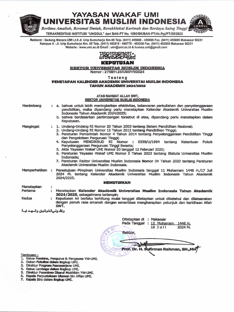 Kalender Akademik Umi T.A. 2024-2025 | PDF
