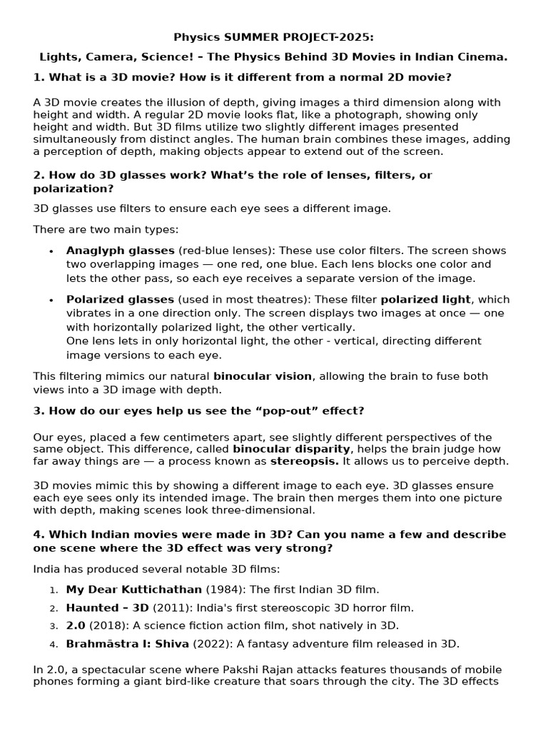 Physics Summer Project Class 7 | PDF | Stereoscopy | 3 D Film