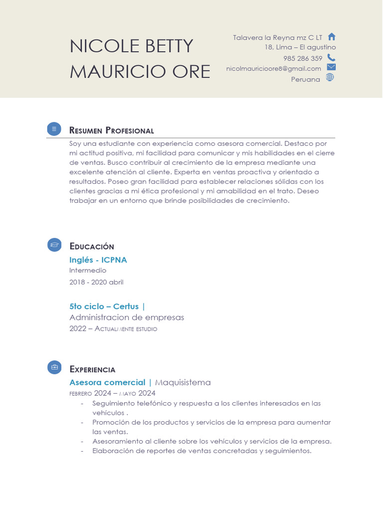 Currículum Nicole Betty Mauricio Ore | PDF