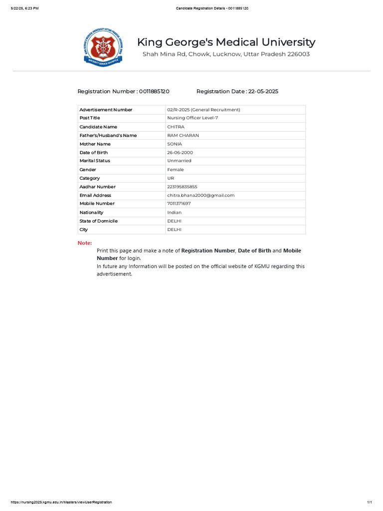 Candidate Registration Details - 0011885120 | PDF