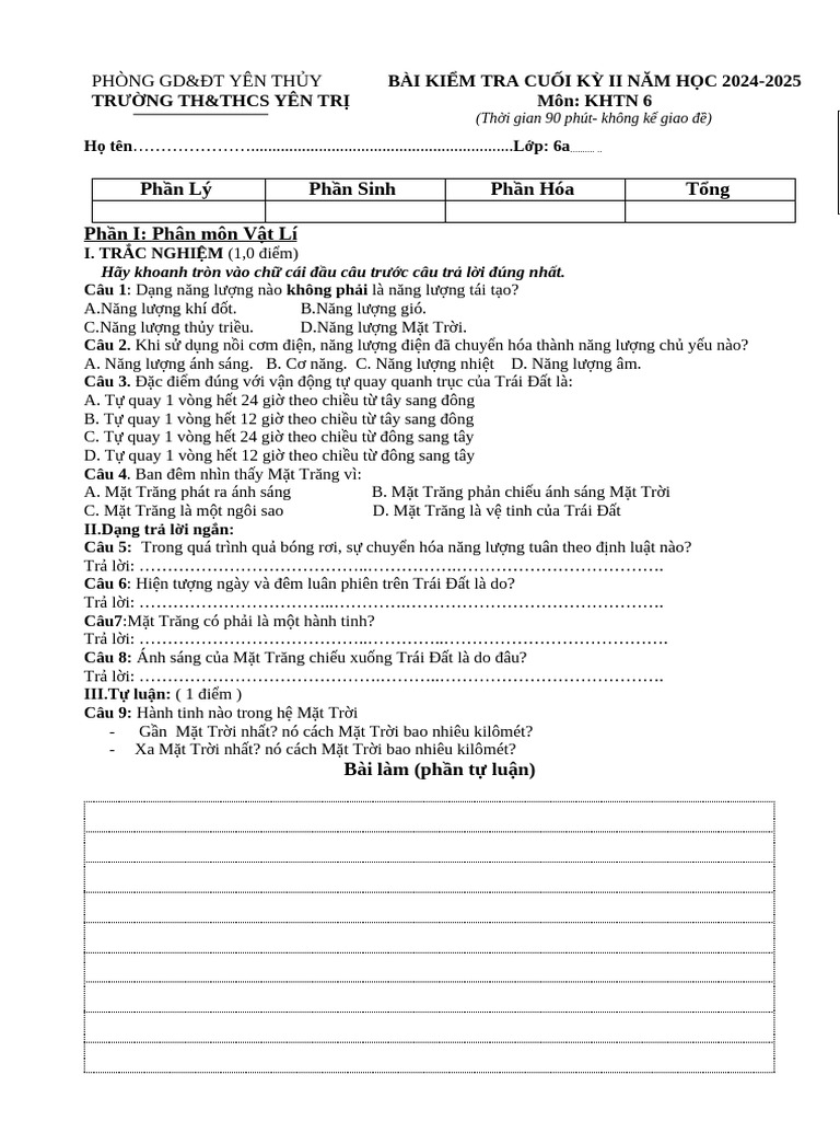 Bài KT KHTN 6 Cuối kì 2 | PDF