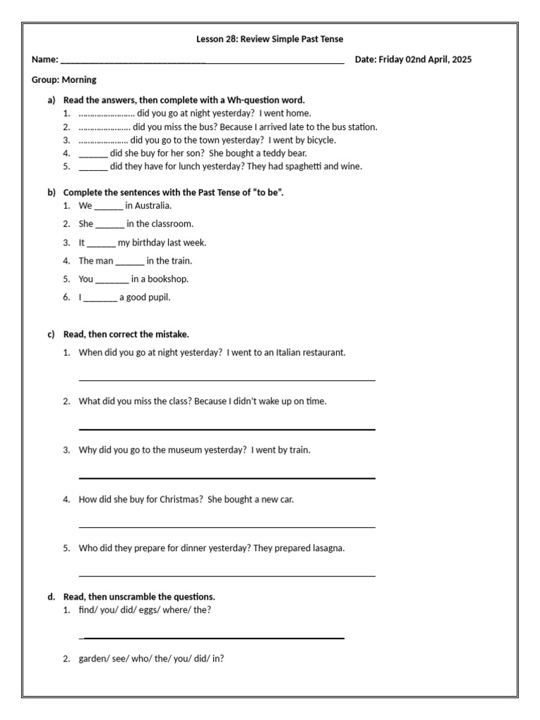 Simple Past Tense Review Exercises | PDF