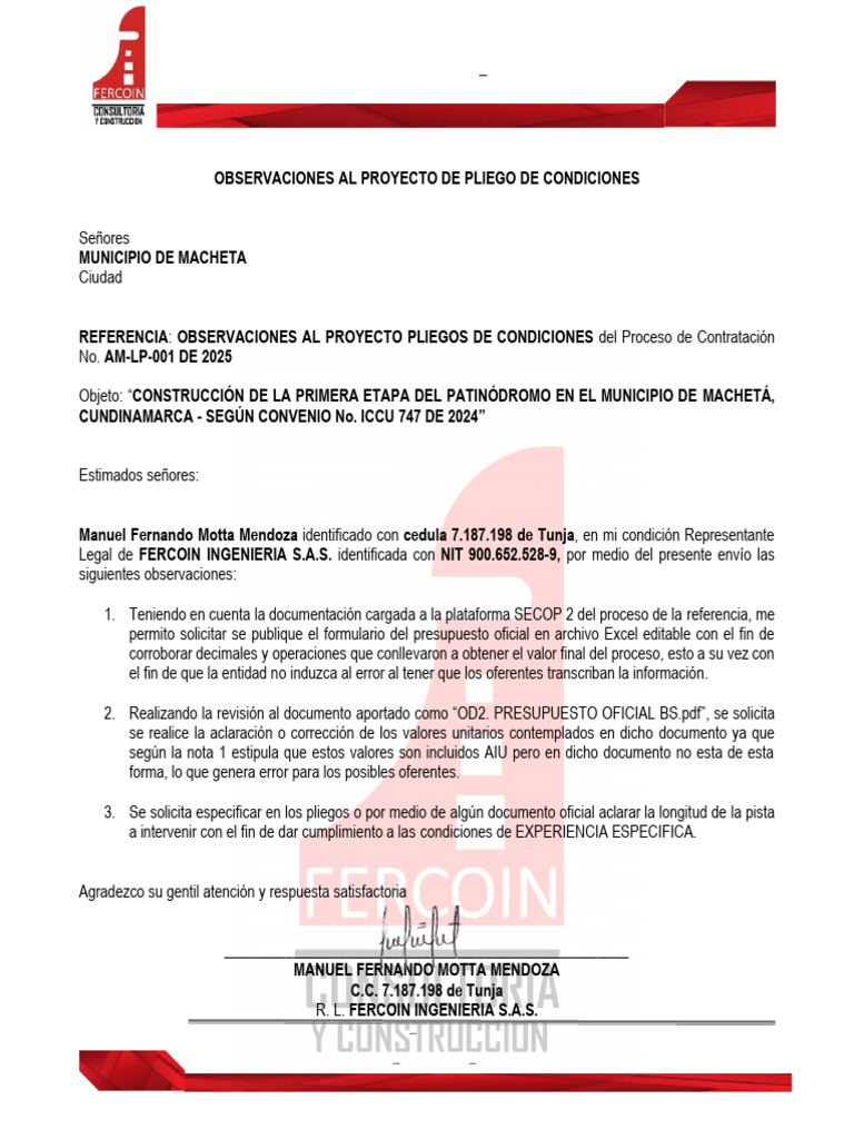 Observaciones Proyecto Pliego - Am-Lp-001 de 2025 (Fercoin Sas ...
