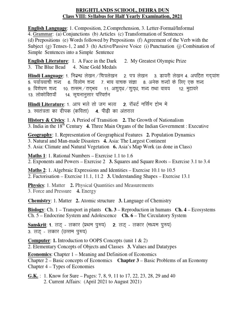 8 - Class VIII Syllabus Half Yearly | PDF | Semantic Units | Language Families