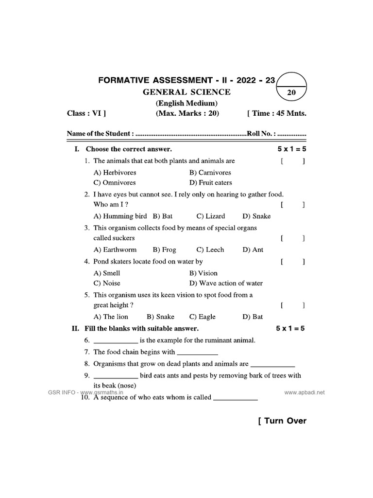 6th Class Science FA 2 SAMP 2 Paper 2022-23 With Key GSR INFO-www ...