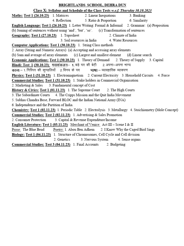 Class X (Time Table) | PDF
