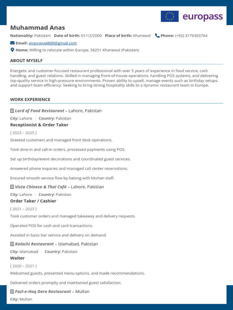 New Restaurant Euro Pass CV | PDF