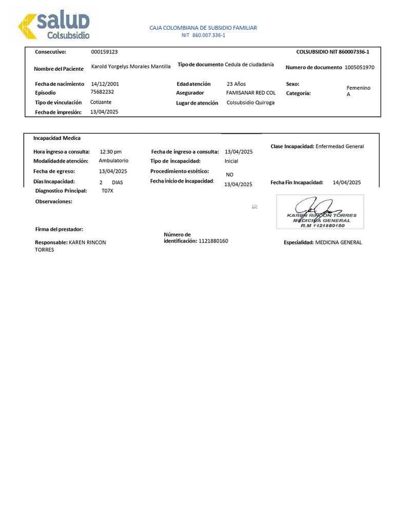 Incapacidad Colsubsidio Karol | PDF