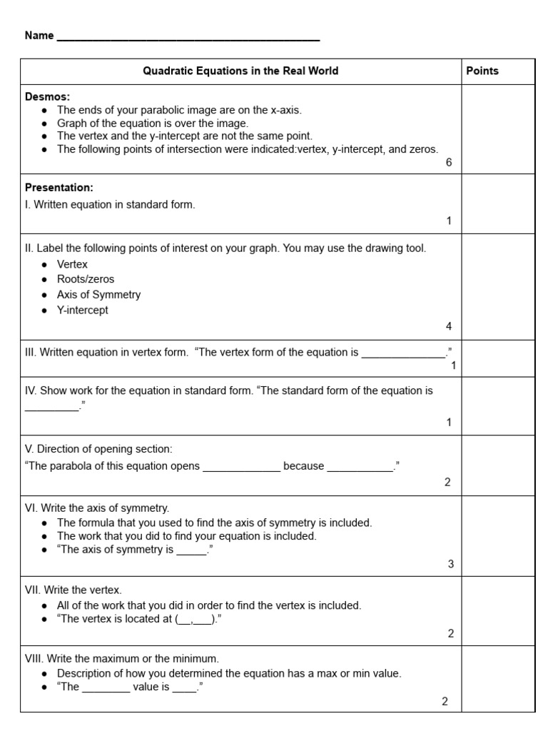 Savir Doodam - Quadratic Equations in The Real World Project Rubric | PDF | Quadratic Equation ...