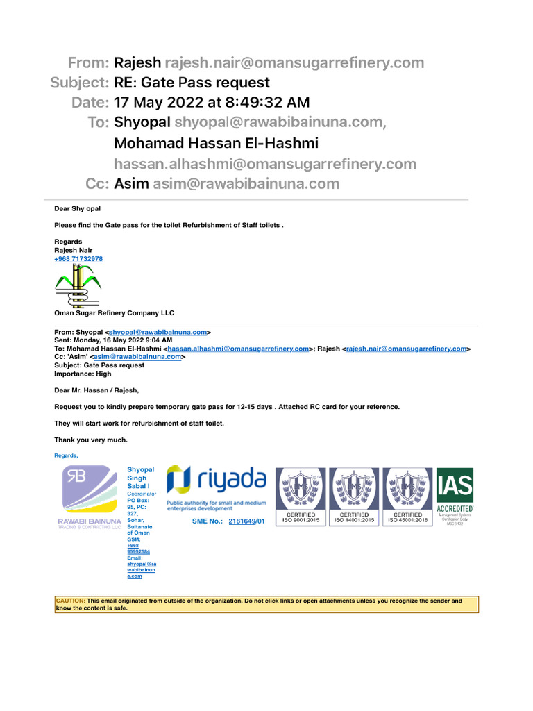 RE Gate Pass Request | PDF