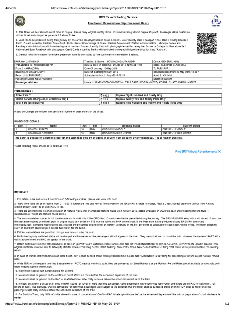 IRCTC e-Ticket Confirmation Details | PDF | Identity Document ...