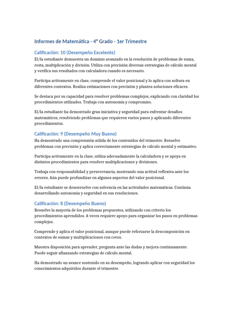 Informes Matematica 4to Grado Trimestre1 | PDF | Matemáticas | Calculadora