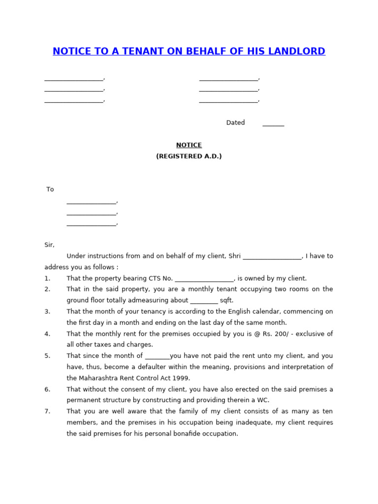 Tenant Eviction Notice for Non-Payment | PDF | Leasehold Estate | Landlord