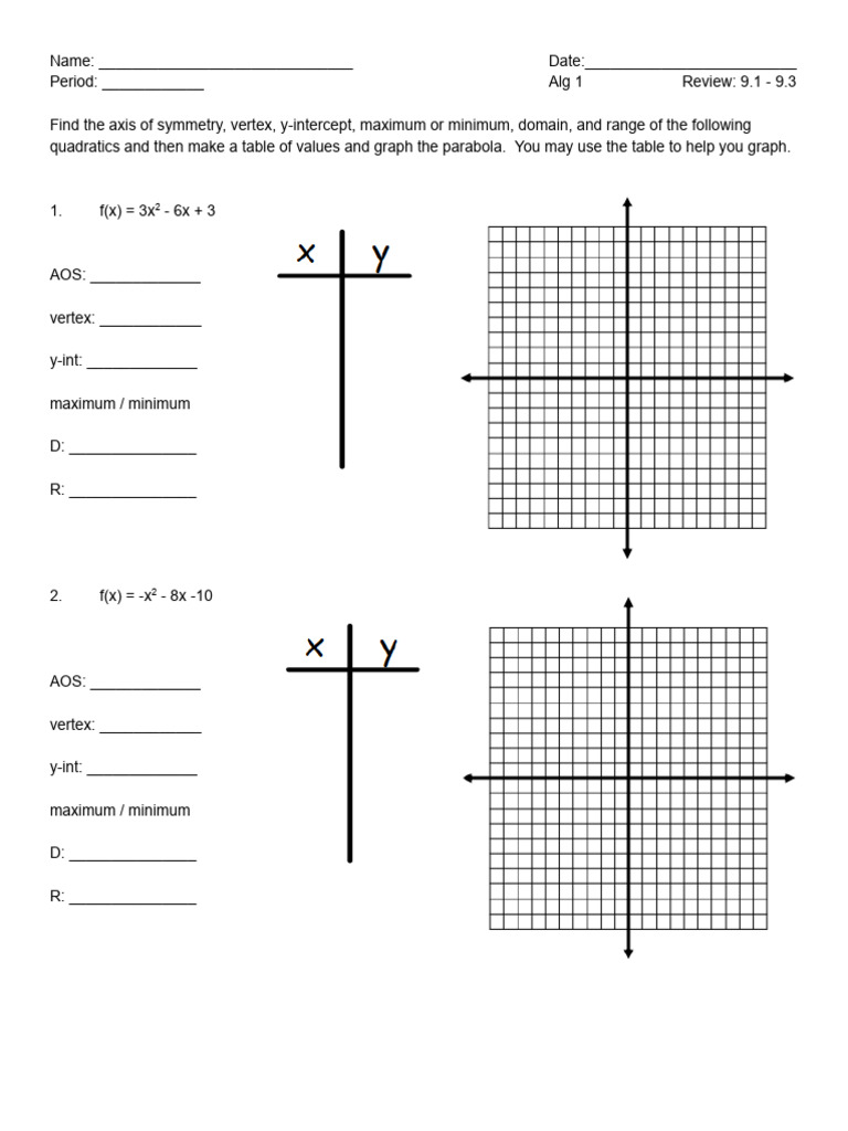 Quadratic Functions Review Worksheet | PDF