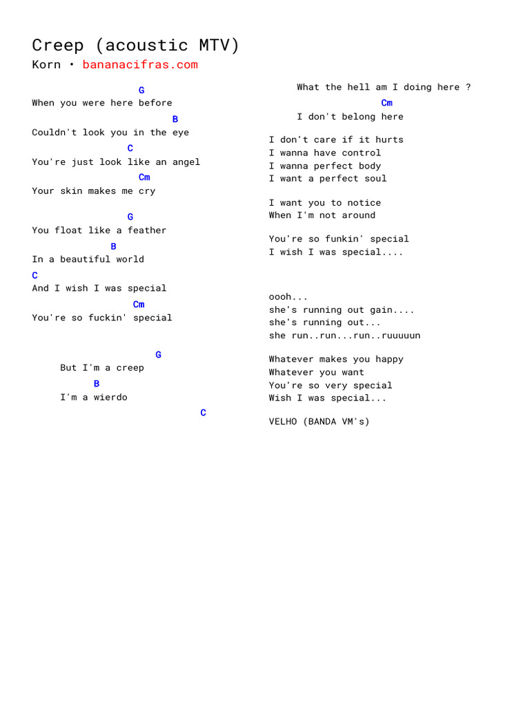 Creep (Acoustic MTV) CIFRA Korn | PDF
