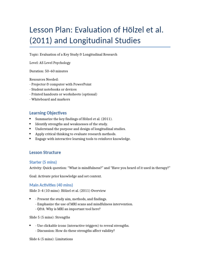 As Psychology Lesson Plan Holzel | PDF