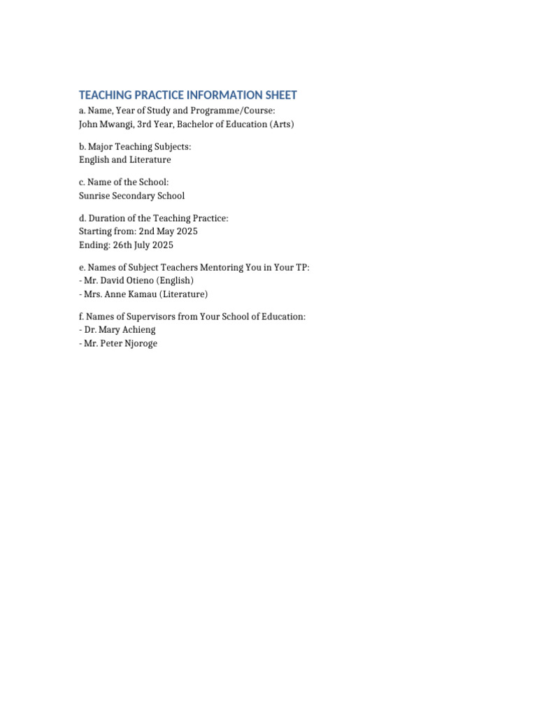 Teaching Practice Overview for John Mwangi | PDF