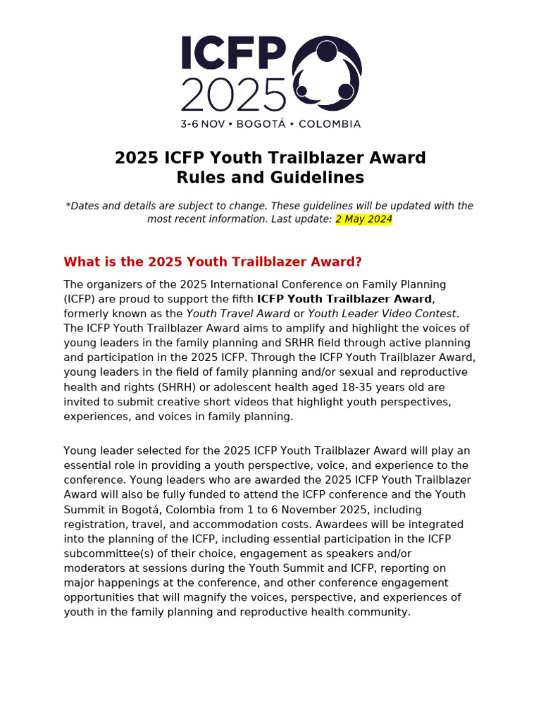 ICFP Youth Trailblazer Application Guidelines en 2 May 2024 | PDF | Video | You Tube