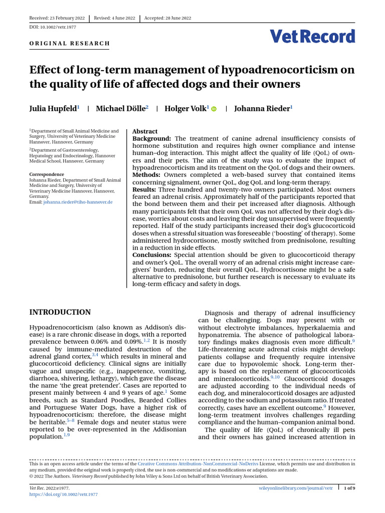 Veterinary Record - 2022 - Hupfeld - Effect of Long Term Management of Hypoadrenocorticism On ...