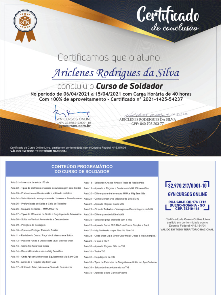 Certificado De Curso De Soldador Online Pdf