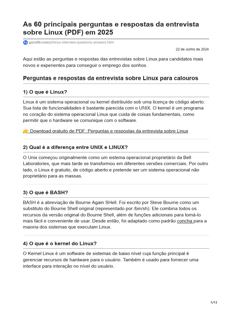 60 Principais Perguntas e Respostas Da Entrevista Sobre Linux PDF em 2025 | PDF | Linux ...