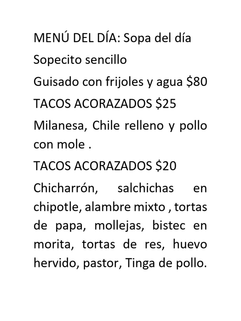 Menú del Día: Tacos y Guisados | PDF