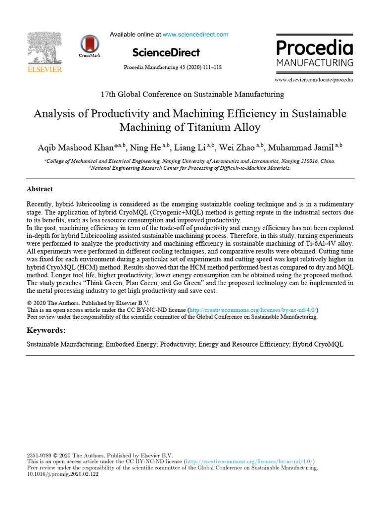 Analysis of Productivity and Machining Efficiency in Sustainable ...