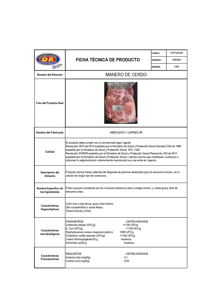 Ficha Técnica Cerdo or | PDF | Carne | Alimentos