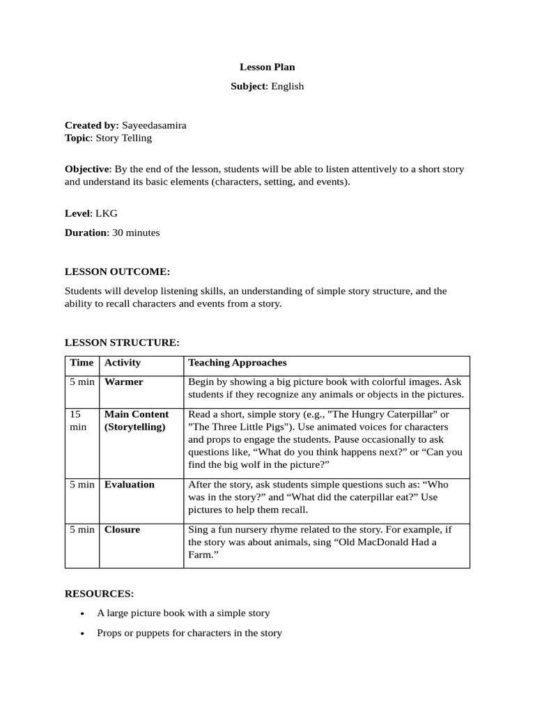 Lesson Plan - English - Story Telling - Sayeedasamira | PDF