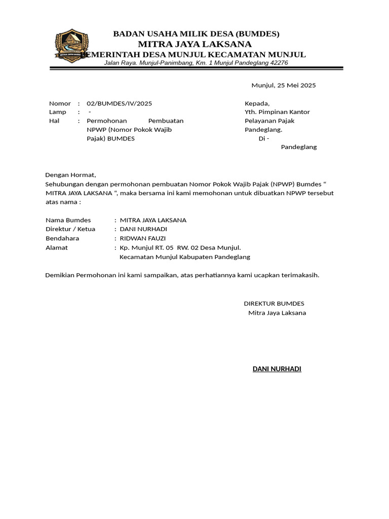 Surat Permohonan Pembuatan NPWP Bumdes | PDF