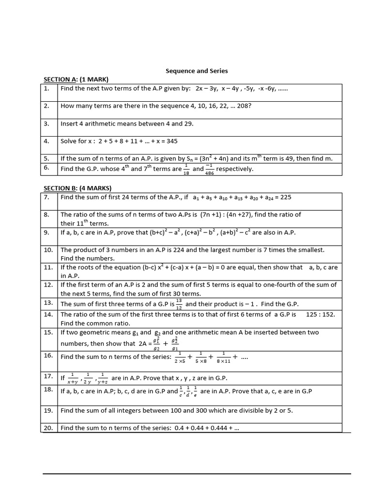 Class 11 Sequence and Series Worksheet | PDF