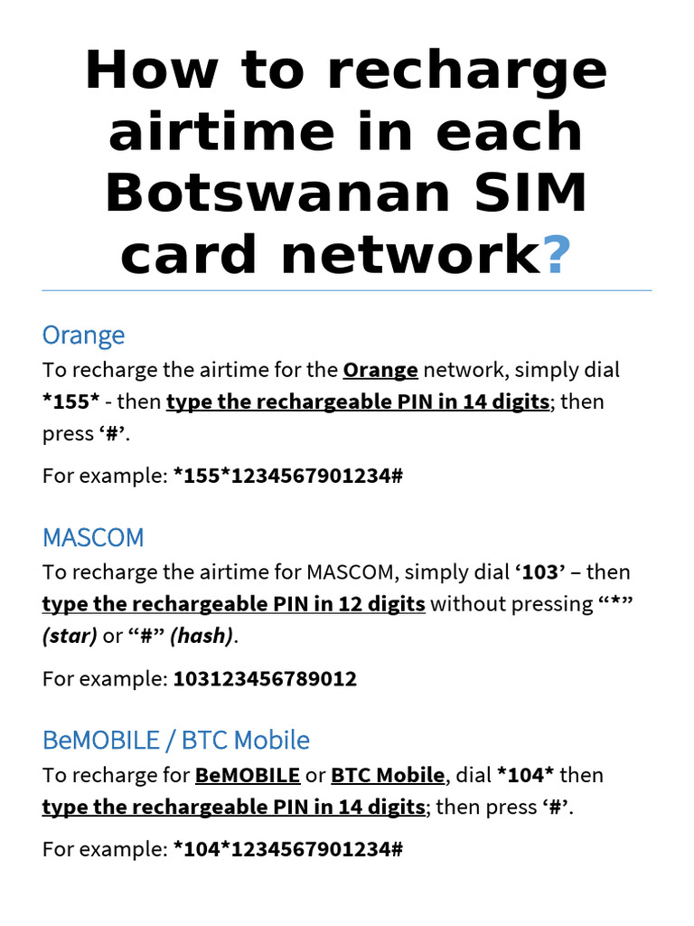 How To Recharge Airtime in Each Botswanan SIM Card Network | PDF