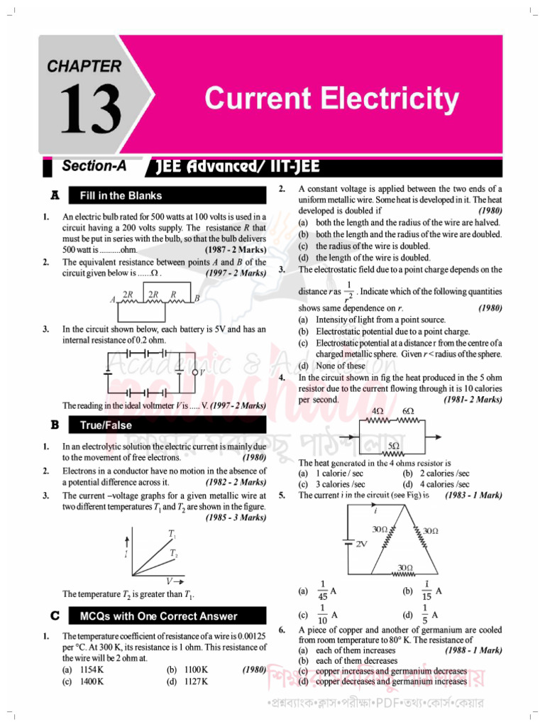 Current Electricity JEE Mains Questions 2019 To 1983 PDF Download | PDF