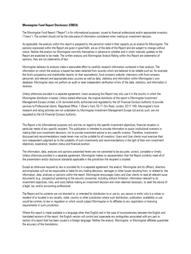 Morningstar Fund Report Disclosure (EMEA) | PDF | Investing | Financial ...