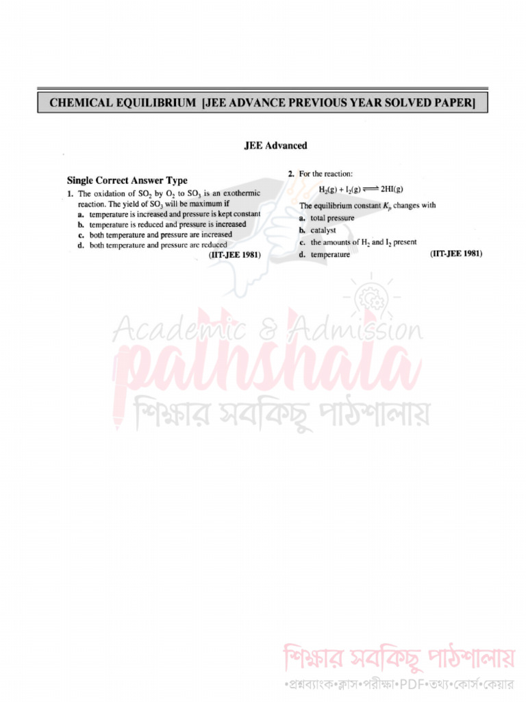 Chemical Equilibrium JEE Advanced Questions PDF With Solutions | PDF